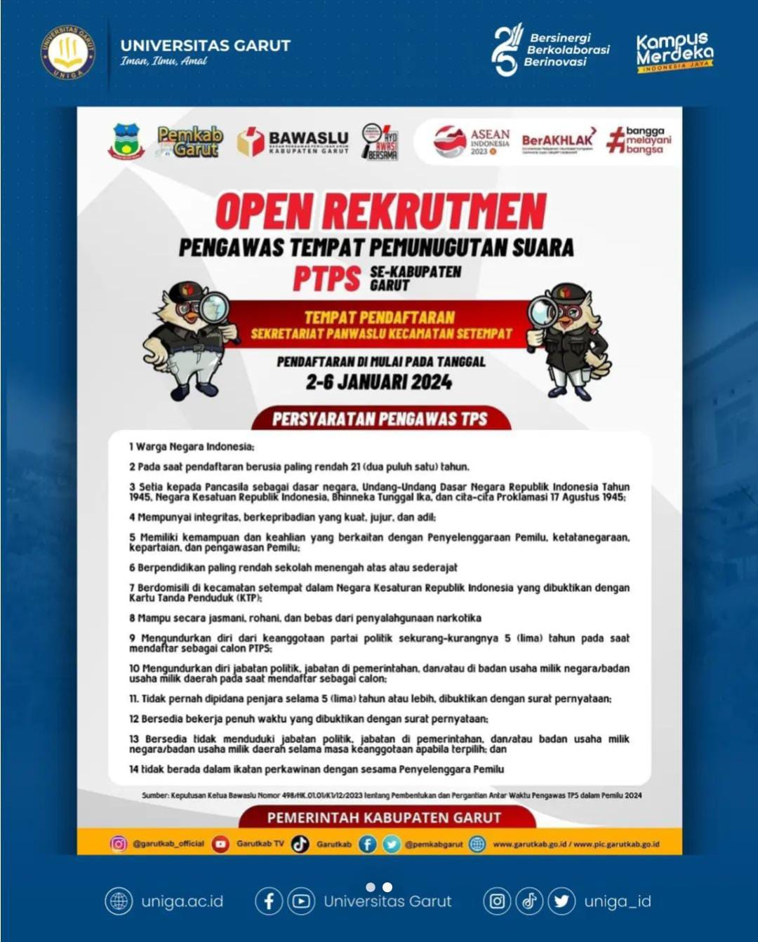 Telah Dibuka! Rekrutmen Pengawas TPS – Universitas Garut